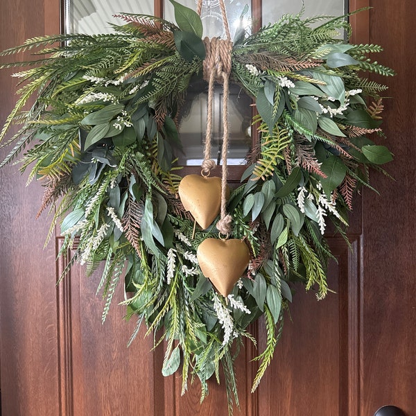 Rustic Greenery Heart Wreath: Farmhouse Gold Heart Bell Decor - Etsy