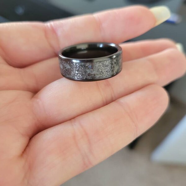 Meteorite Glow Ring, Black Ceramic Resin Mens Wedding Band Wide 8mm ...