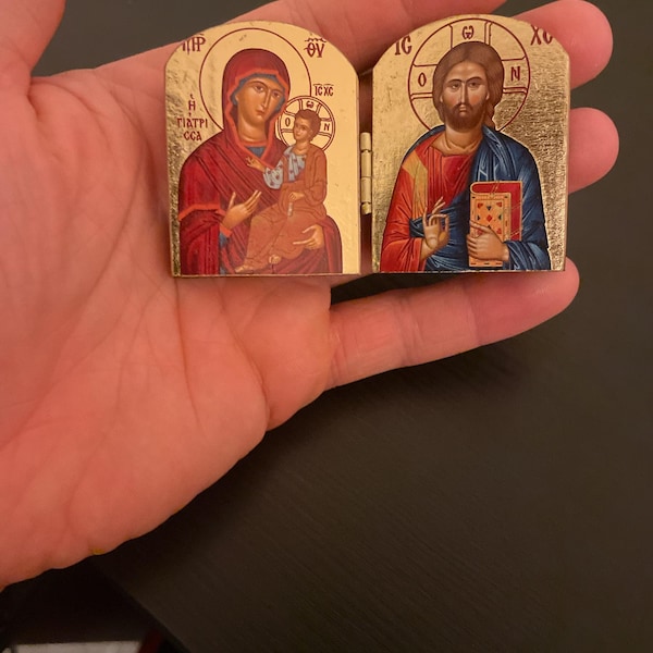 Mini Orthodox Diptych Icon of Virgin Mary and Jesus, Greek Christian ...