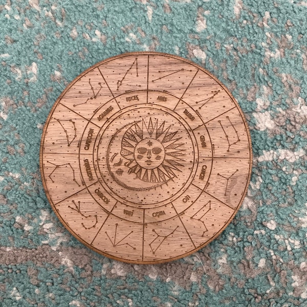 Zodiac Wheel Constellation - Engraved Wood Board, Astrology, Stars, Sun ...