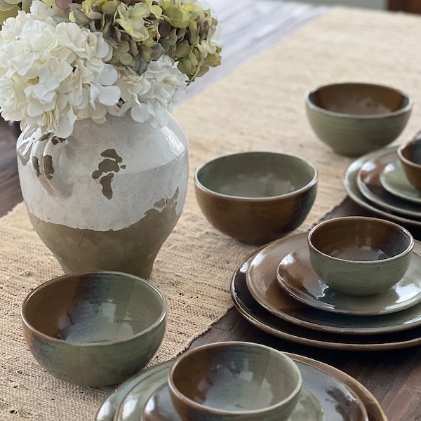 Handmade Pottery Dinnerware Set: Sage Green and Brown, 1 Place Setting ...