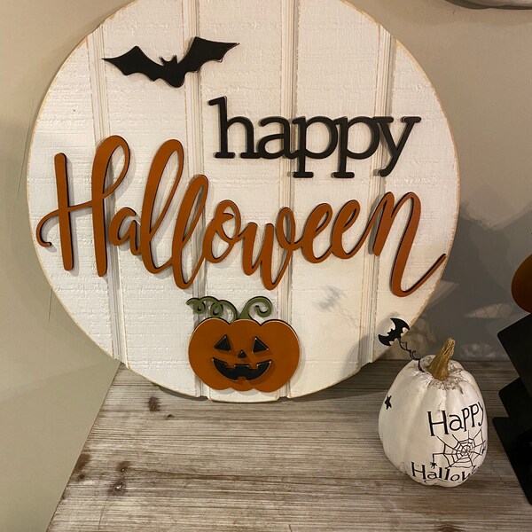 Happy Halloween Door Hanger, Rustic Fall Door Sign, Pumpkin Bat, Wood ...