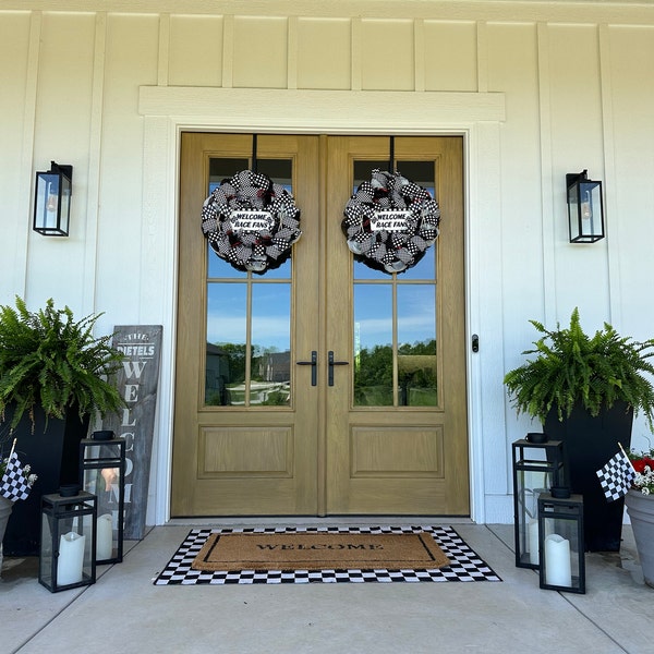 Racing Wreath, Race Car Wreath, Black White Wreath, Race Car Decor ...