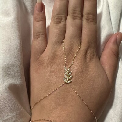 CZ Leaf Hand Chain Bracelet, Silver Wrap Bracelet, Adjustable Bracelet ...