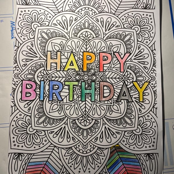 Happy Birthday, Coloring Card, Mandala, Printable, Digital Download ...