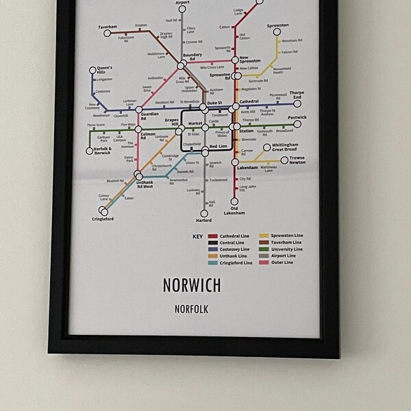 Norwich, Norfolk Customisable Underground Style Metro Map Print ...