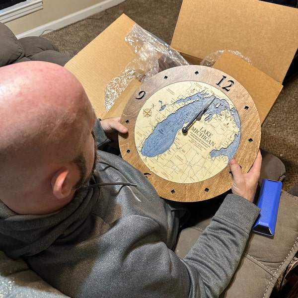 Lake Michigan Nautical Wood Map Wall Clock, Large Nautical Clock, Lake ...