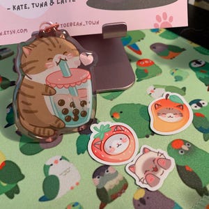 Boba Bubble Tea Cat Acrylic Keychain Charm With Sparkles | Gift for Cat ...