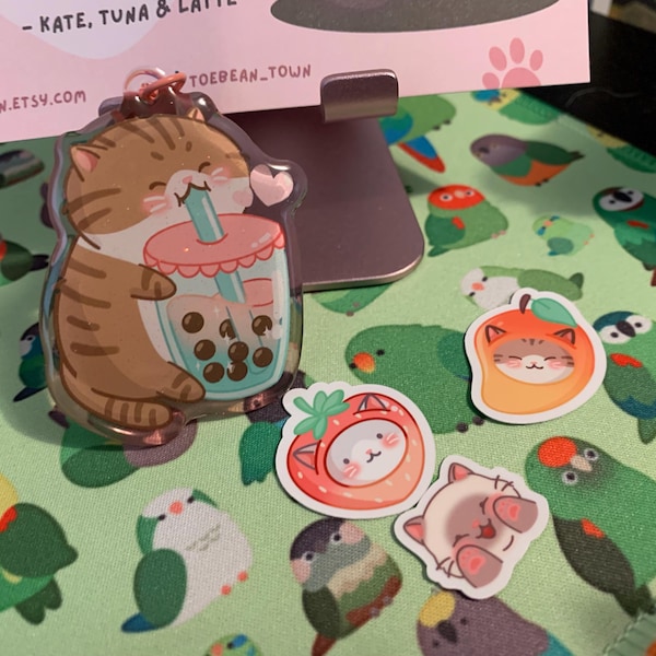 Boba Bubble Tea Cat Acrylic Keychain Charm With Sparkles | Gift for Cat ...