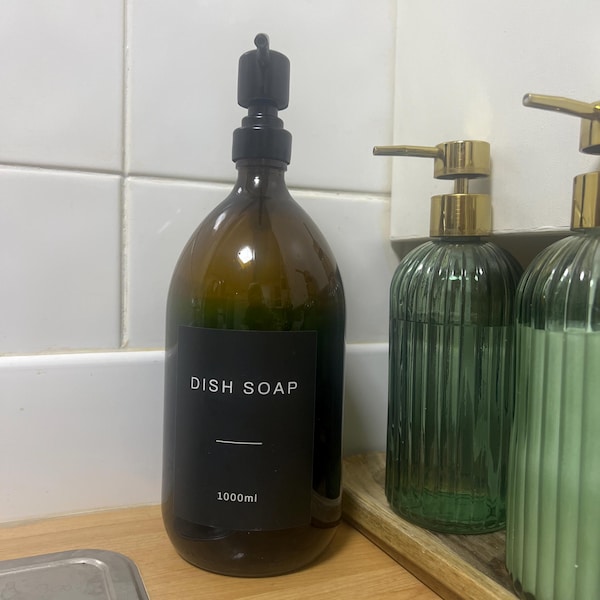 Amber Glass Soap Dispenser - Refillable Bottle With Metal Pump & Label ...