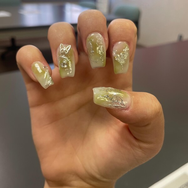 Handmade Starry Firefly Black Yellow Green Glass Bead Cat Eye Press on ...