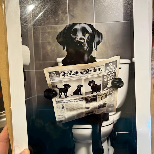Black Labrador on Toilet Dog Bathroom Art Funny | Pet Dog Print Poster ...