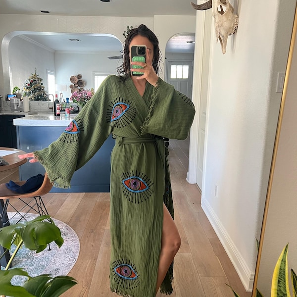 Boho Morning Robe, Organic Cotton Spa Robe, Bridal Robe, Evil Eye ...