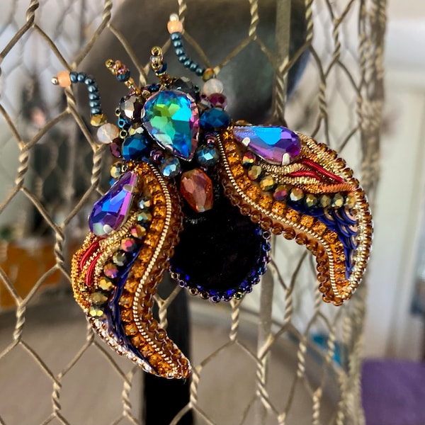 Bug Hand Embroidered Brooch Pin: Beetle Beaded Badge, Art Glass Jewelry ...