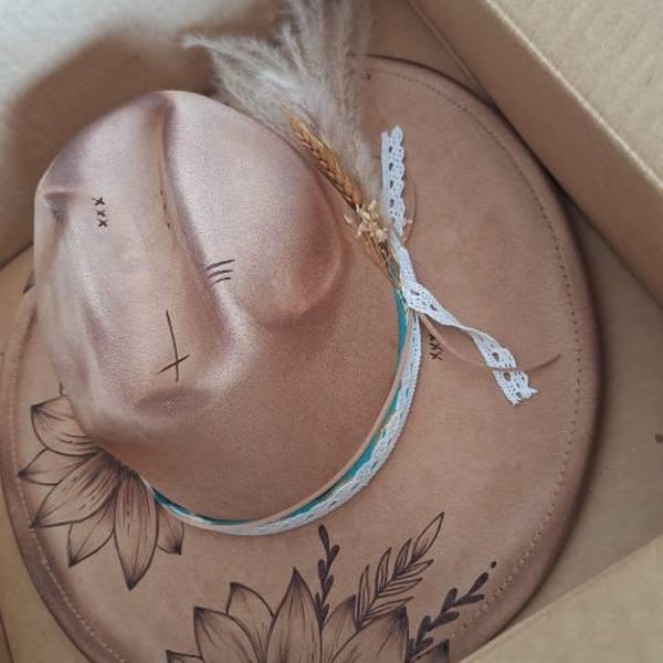Hand Burned Custom Wide Brim Fedora Hat | Floral, Flower, Sunflower, Summer, Derby, Concert ...