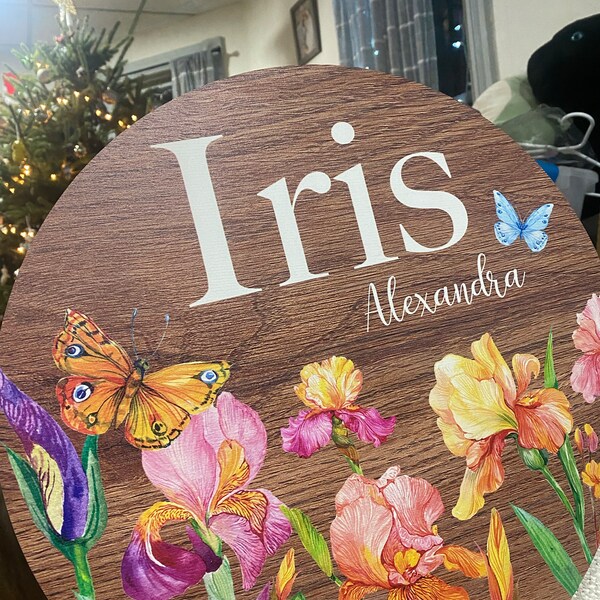 Iris Floral Round Wood Name Sign, Iris Baby Sign, Round Wood Baby Name ...