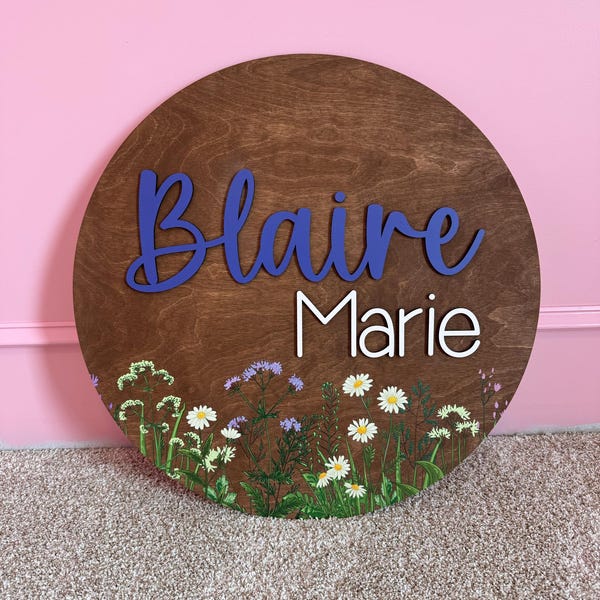 Wildflower Nursery Sign, Round 3D Name Sign, Personalized Wooden Name ...