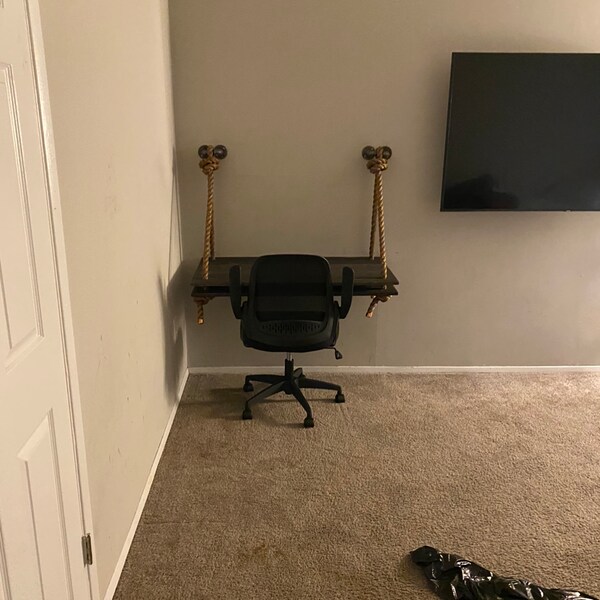 2 Level Rope & Pipe Desk - Farmhouse Suspended Wood Wall Mounted ...