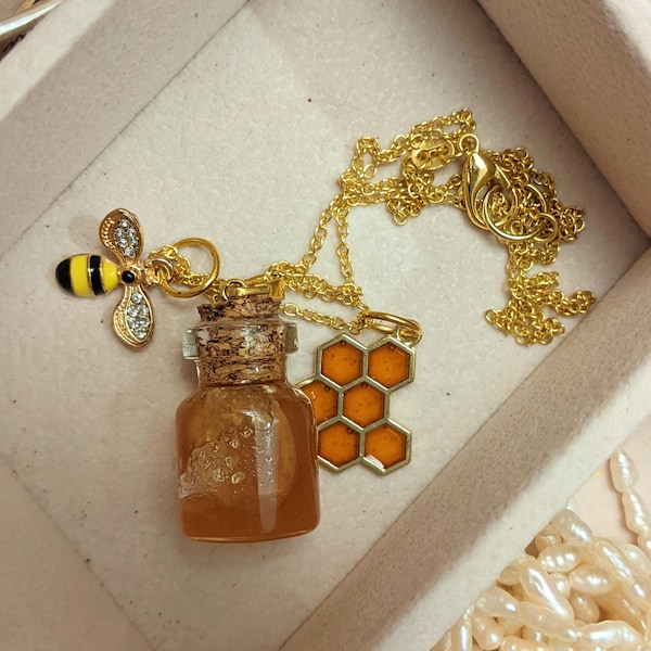 Honey Jar Pendant Necklace Gold Bee and Honeycomb 100% Pure Honey Charm ...