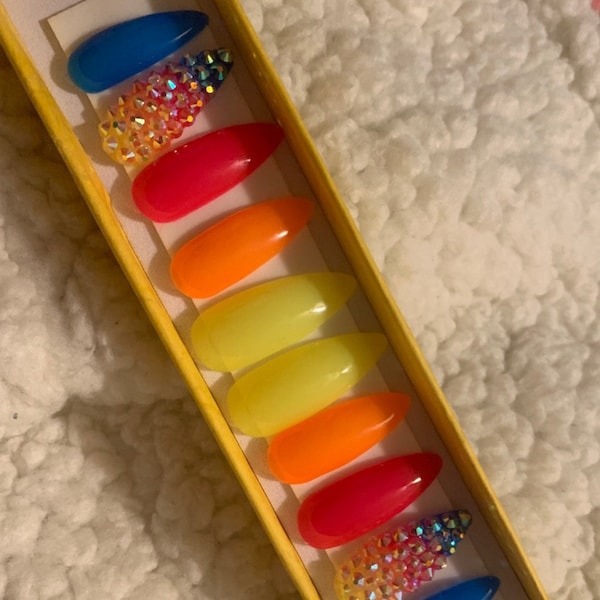 Neon Yellow Bling Nails With Bling Crystal Bow / Coffin Diamond Press ...