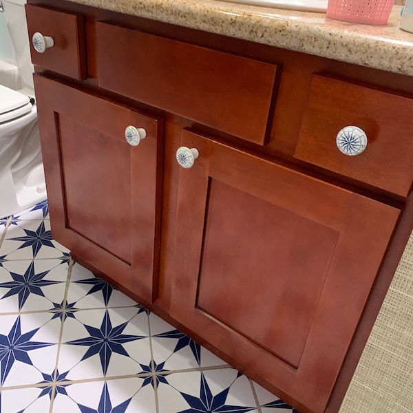 Ceramic Blue and White Compass Knob, Nautical White and Blue Drawer Pull, Coastal Cabinet ...