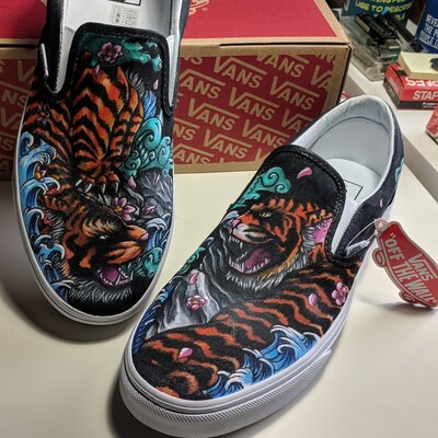 Custom Hand Drawn Wolf Shoes: Classic Vans Slip-on With Wolf Howling at ...