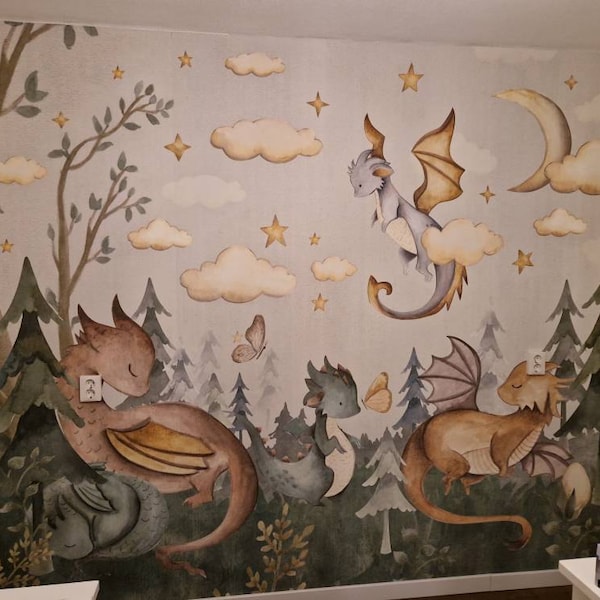Dragon Kids Wallpaper – Mural With Dragons and Clouds | Custom Size ...