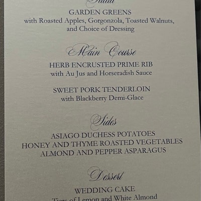 PRINTED Wedding Dinner Menu, 4x8 or 5x7 Card, Table Menu, Party ...
