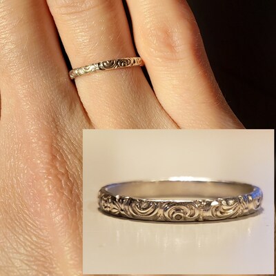 Silver Pattern Ring, Vintage Style Band, Floral Pattern Ring, Dainty ...