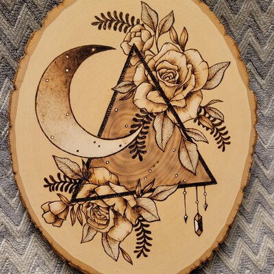 Wild Rose Moon Pyrography Woodburn Wall Decor, Live Edge Wood Wall Hang ...
