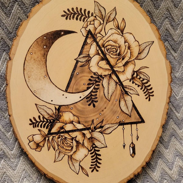 Wild Rose Moon - Pyrography Woodburn Wall Decor, Live Edge Wood Wall ...