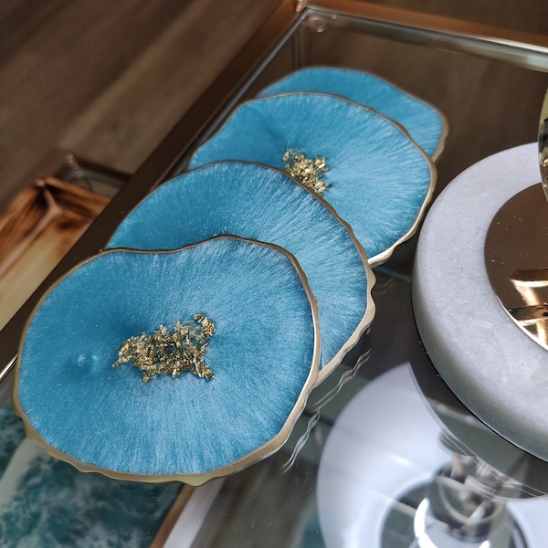Resin Coaster Set-turquoise Resin Geode Coaster Agate With Gold Accents ...