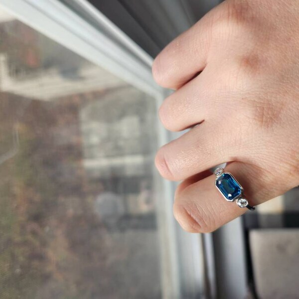 Bezel Set Moissanite Ring Three Stone Moissanite Unique Engagement Ring 2.30 CTW White Emerald ...