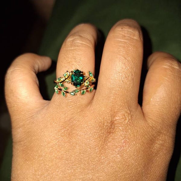 Green Emerald & Meteorite Gold Leaf Couples Ring-his and Hers Wedding ...