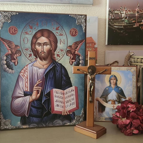 Triptych Christian Icon of Virgin Mary gorgoipikoos and Archangels With Aging Technique ...