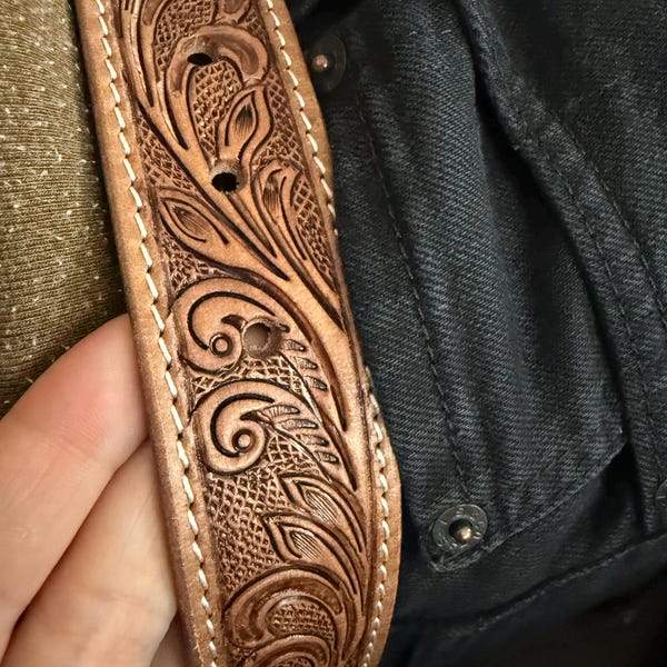 Tooled Western Floral Engraved Leather Belt 100% Genuine Full Grain ...