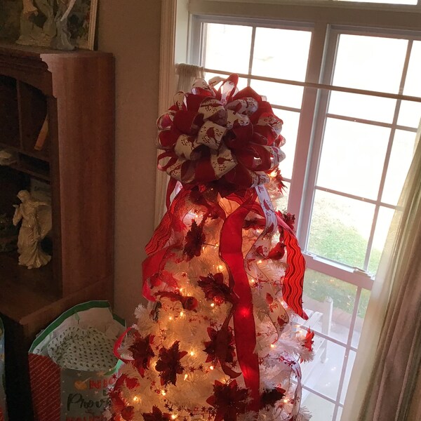 15" Cardinals in Snow and Red Velvet Tree Topper Bow, With Four 6 ...