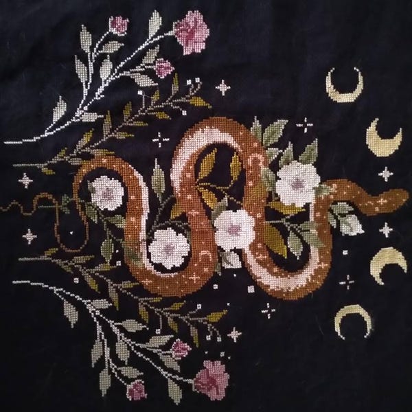 Gothic Snake Cross Stitch Pattern PDF - Flowers Crescent Moon Witchy ...