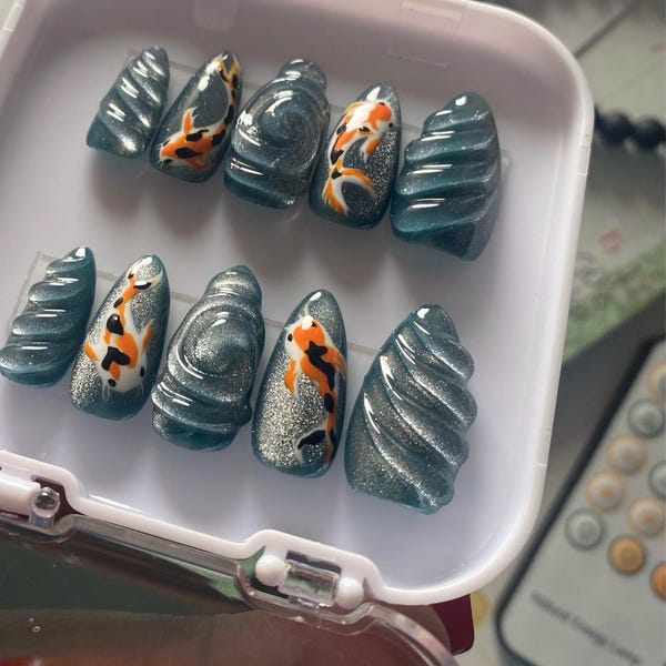 Koi Fish Press on Nails |hand-painted Japanese Water Nail Art |teal ...