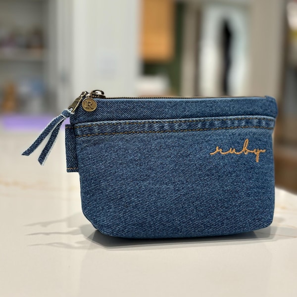 Personalized Upcycled Denim Zipper Pouch: Embroidered Makeup Bag Made ...