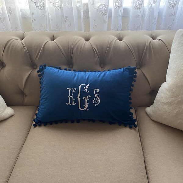 Embroidered Velvet Monogram Pillow Cover. Insert Not Included. 12x20 or ...