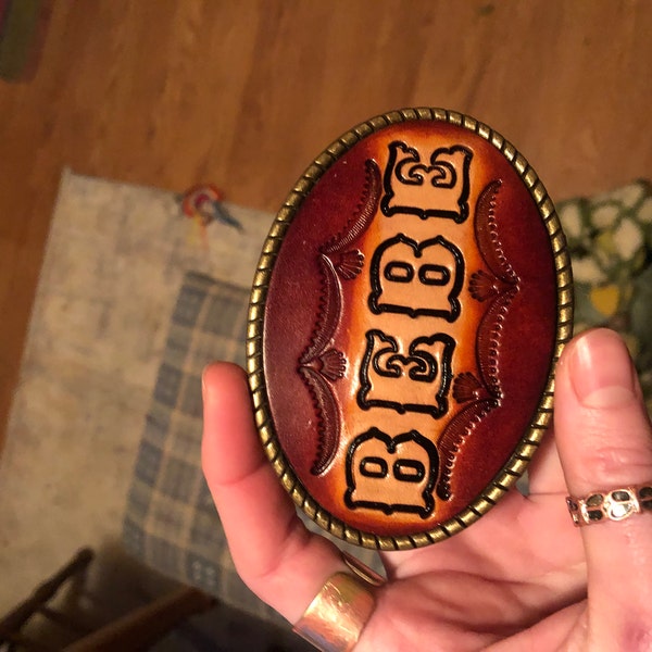 Large Custom Tooled Leather Belt Buckle, MADE to ORDER, Names or ...