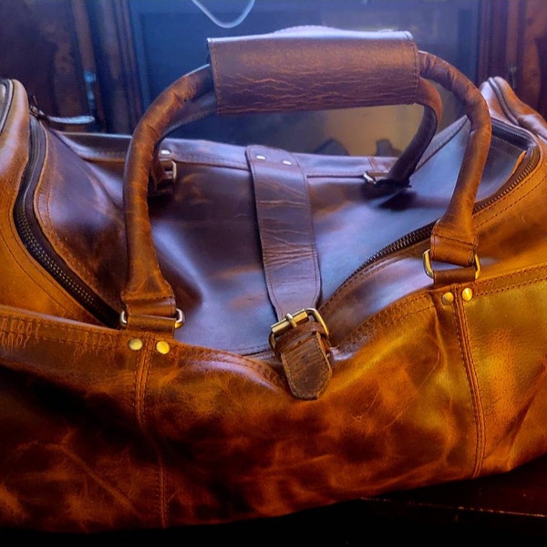 Handmade Full Grain Leather Duffle Bag, Laser Engraved Weekender Carry ...