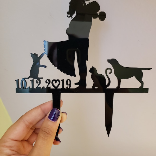 Wedding Cake Topper With Date,cake Topper With Cats,silhouette Cake ...