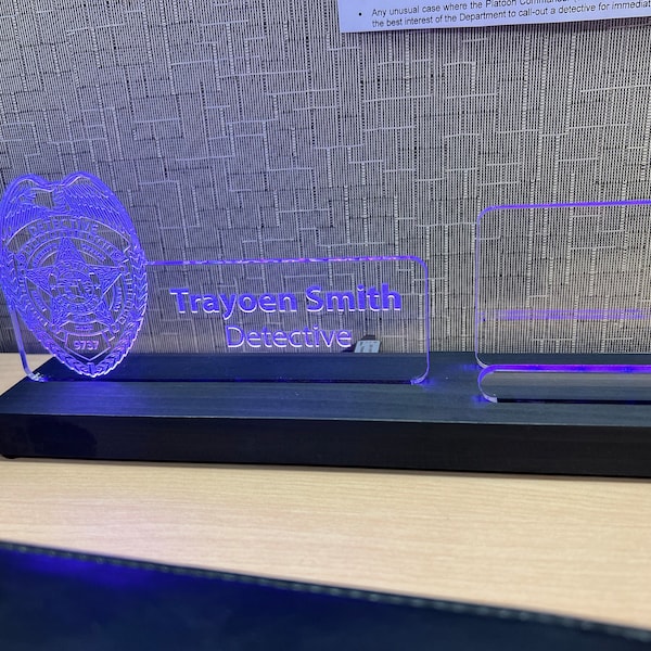 Personalized LED Light Desk Name Plate and Business Card Holder. Maple ...
