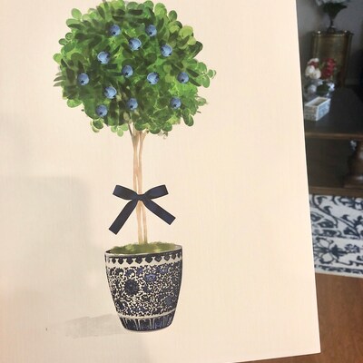 Blue White Chinosierie Topiary, Blueberry Watercolor, Gift for Plant ...