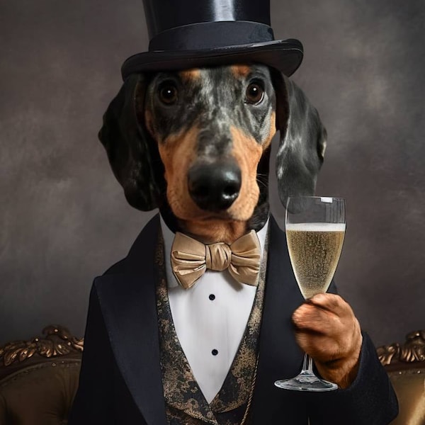 Custom Gentleman Dog Portrait, Dog Drink Wine Portrait, Gentleman Pet ...