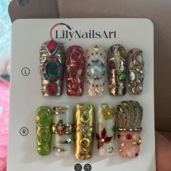 Fairy Tale Flower Long Almond Press on Nails, 3D Fairycore Nails ...