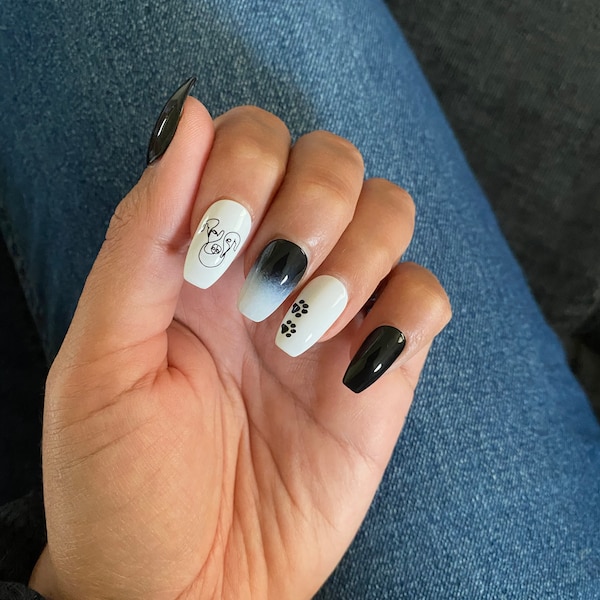 Dog Nails | Dog Face and Paws Black and White Press on Nails | Luxury ...