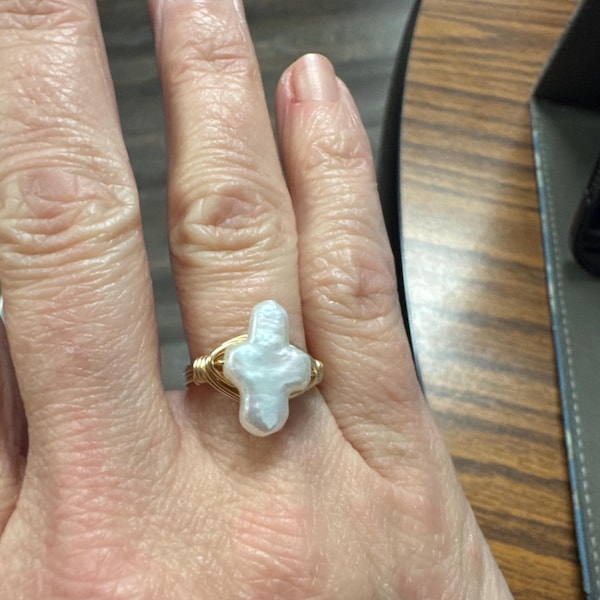 White Pearl Cross Ring: Wire Wrapped, Sterling Silver or Gold Filled ...